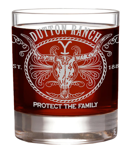 YELLOWSTONE DUTTON RANCH Etched Rocks Glass, 11 oz | MOVIES ON GLASS